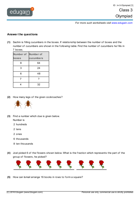 Grade 3 Olympiad Printable Worksheets Online Practice Online Tests 