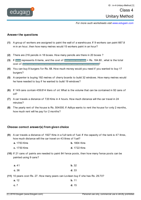 Grade 4 Math Worksheets And Problems Unitary Method Edugain USA Grade 4 Math Worksheets And Problems Unitary Method Edugain USA
