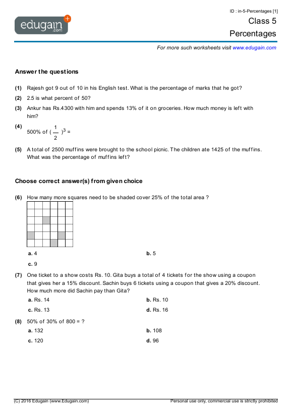 Class 5 Math Worksheets And Problems Percentages Edugain India