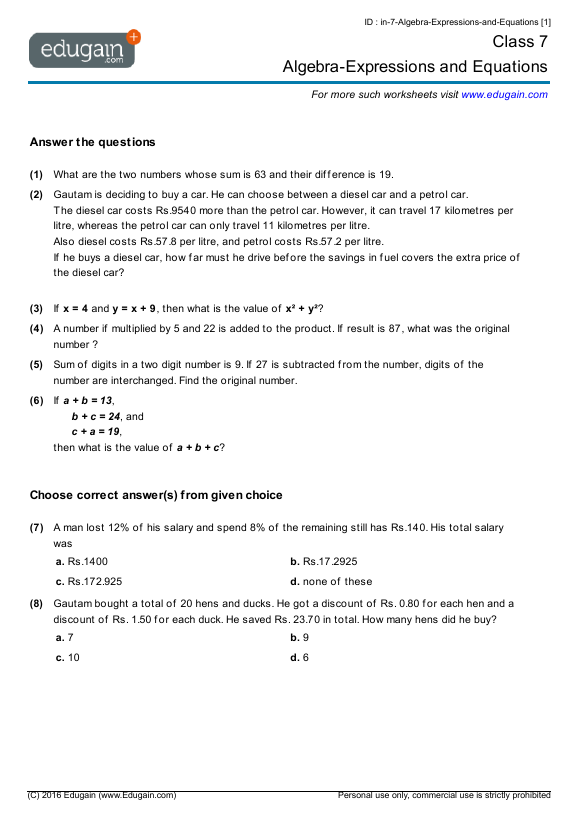 Grade 7 Math Worksheets And Problems Algebra Expressions And Equations
