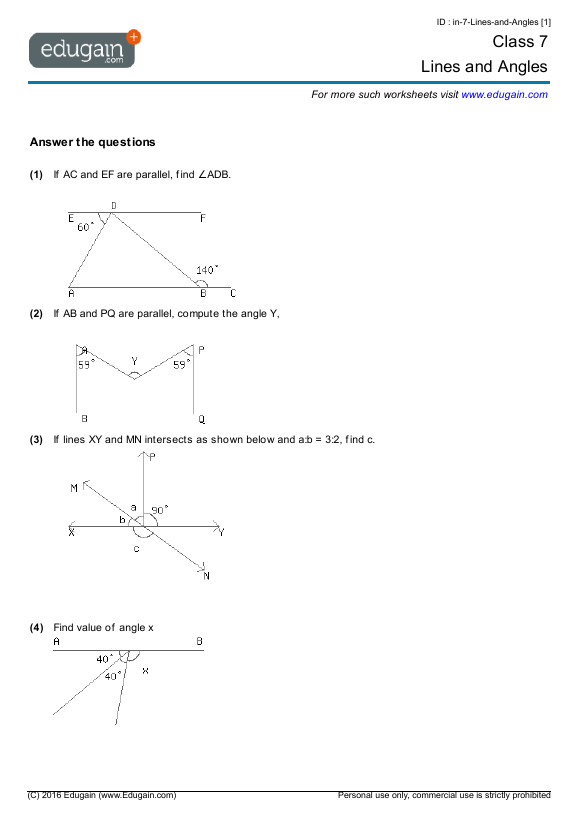 Grade 7 Math Worksheets And Problems Lines And Angles Edugain USA