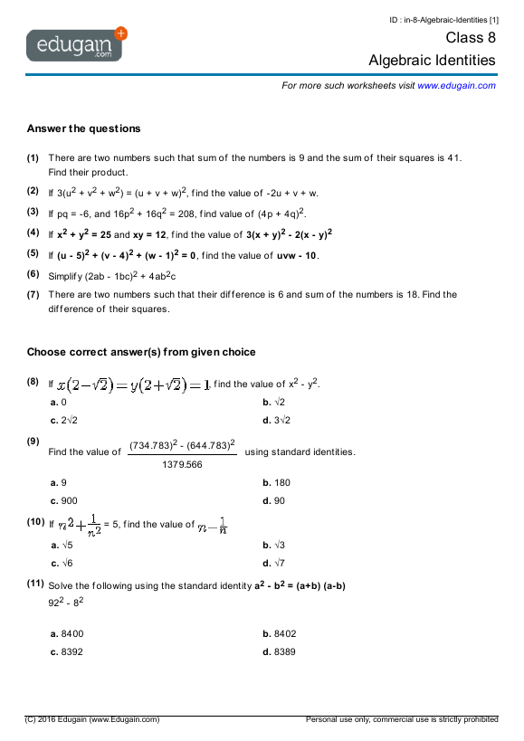 Grade 8 Math Worksheets And Problems Algebraic Identities Edugain 