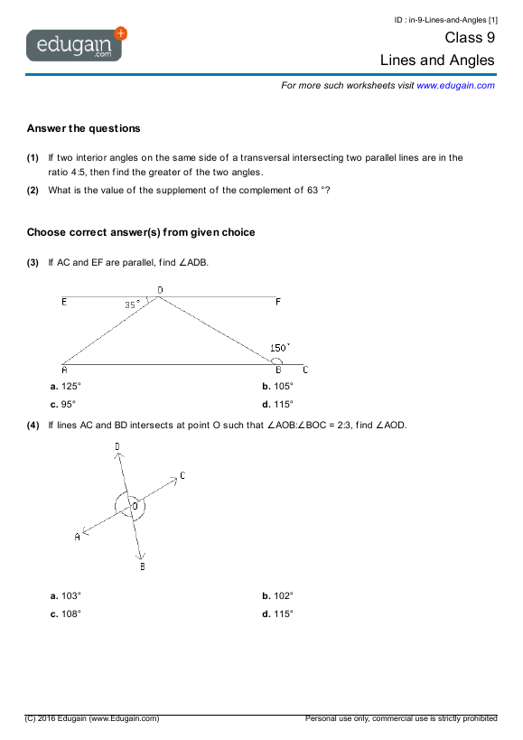 Grade 9 Math Worksheets And Problems Lines And Angles Edugain USA