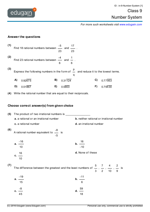 Class 9 Math Worksheets And Problems Number System Edugain India